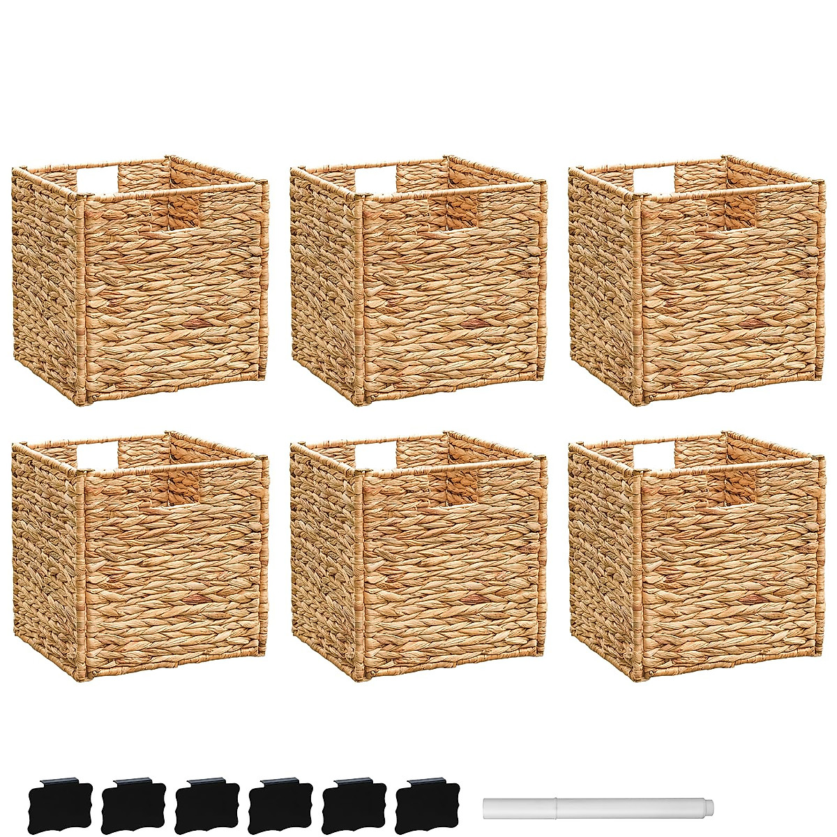 Storage Baskets Wicker Cube Baskets Foldable Handwoven Storage Baskets Bins with Handles Water Hyacinth Laundry Organizer Totes with Letter Boards and White Markers Set of 6 Pcs,12x12x12inch