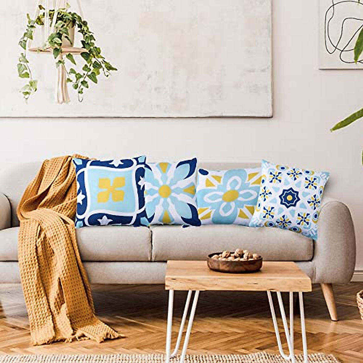 Outdoor Throw Pillow Covers Waterproof, Set of 4 Outdoor Pillows Waterproof, Boho Waterproof Cushion Covers, Outdoor Throw Pillow Case for Outdoor Patio Garden Sofa - 18 x 18 Inches Blue