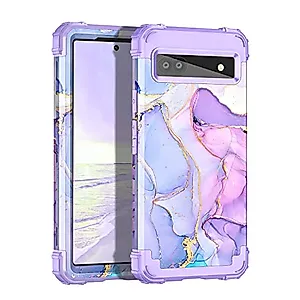 Hekodonk for Google Pixel 6A Case (2022), Heavy Duty Shockproof Protection Hard Plastic+Silicone Rubber Hybrid 3 in 1 Drop Protective Case for Google Pixel 6A Purple Marble