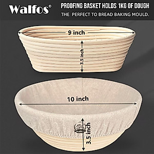 Walfos Banneton Proofing Basket Set（9 pcs）-100% Natural Rattan Sourdough Bread Basket,10" Round & 9" Orval Proofing Basket,Includes Professional Baking Tools,Great for Home and Professional Bakers