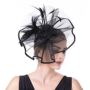 Lucky Leaf Girl Lady Hat Headwear Organza Church Feather Clip Fascinators Hat Wedding Party Kentucky Derby Cap for Women(L-Flowers-Black)