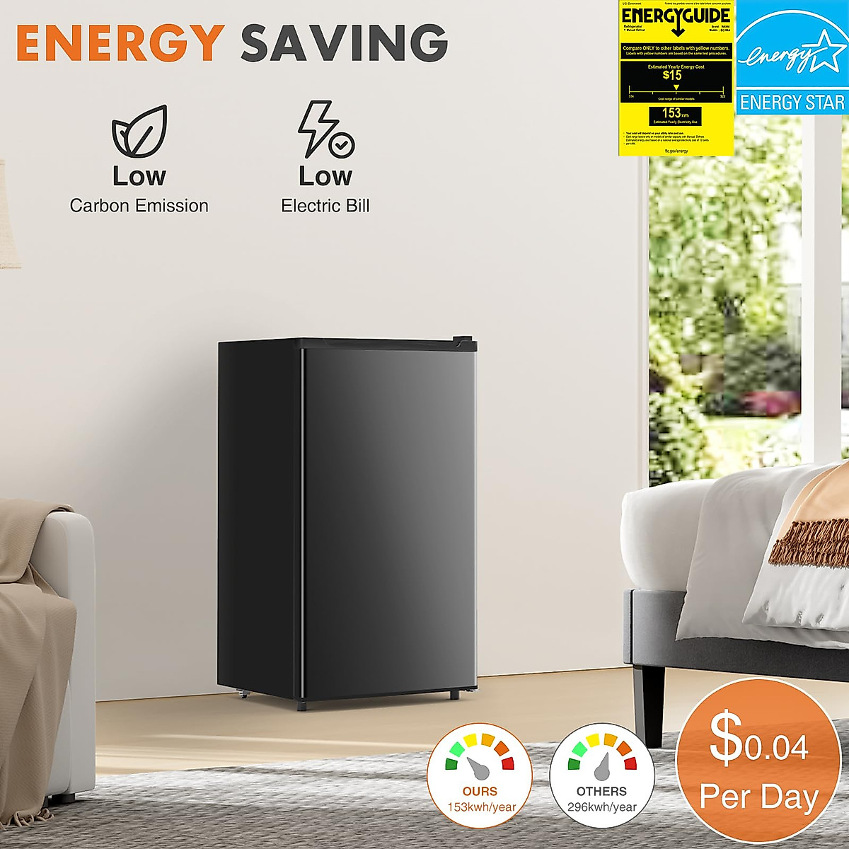 Sweetcrispy 3.2 Cu.Ft Mini Fridge with Freezer Small Refrigerator Single Door Adjustable Thermostat Energy-efficient Low Noise, Compact Fridge for Bedroom, Office, Dorm (Black)