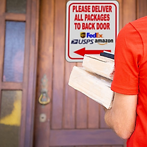 Please Deliver All Packages to Back Door Left Arrow Aluminum Composite Sign Delivery Instructions for My Packages from Amazon, FedEx, USPS, UPS - Indoor Outdoor Signs for Home - 8.5"x10"