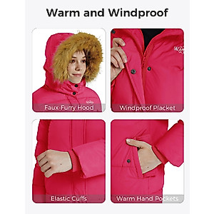 wantdo Girl's Winter Coats Long Puffer Coats Warm Fleece Jacket With Hood Rose Red 10-12