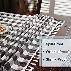 Laolitou Checkered Tablecloth Rectangle Washable Buffalo Plaid Table Cloth with Tassel Cotton Linen Gingham Table Cover for Picnic Kitchen Dining Room, Black and White, 86 Inch