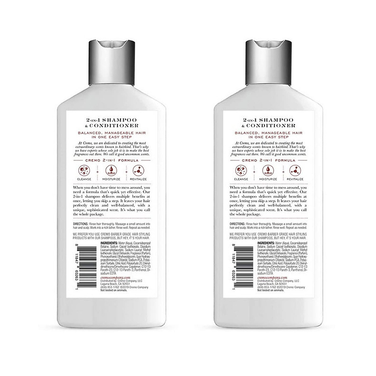 Cremo Bourbon & Oak Barber Grade 2-in-1 Shampoo & Conditioner, 16 Fl Oz (2-Pack) - A Sophisticated Blend of Distiller’s Spice, Fine Bourbon and White Oak