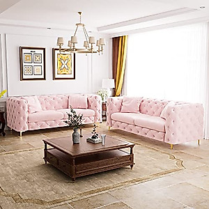 DAMAIFROM 79 Inch Sofa Couch Modern Velour Upholstered Couch Contemporary Tufted Velvet Casual Sofa High Arm and Metal Gold Legs Decor with 2 Piilows Big Comfy Couch Sofas for Living Room(Pink)