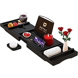 ROYAL CRAFT WOOD Luxury Bathtub Caddy Tray, 1 or 2 Person Bath and Bed Tub Table with Extending Sides, Adjustable Organizer Tray for Bathroom - Free Soap Dish (Black)
