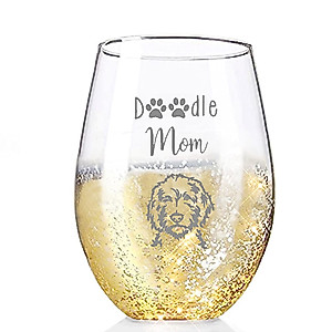 Mothers Day Gifts for Doodle Mama, Goldendoodle Gifts for Women, Doodle Mom Handmade Glitter Golden Etched Wine Glass