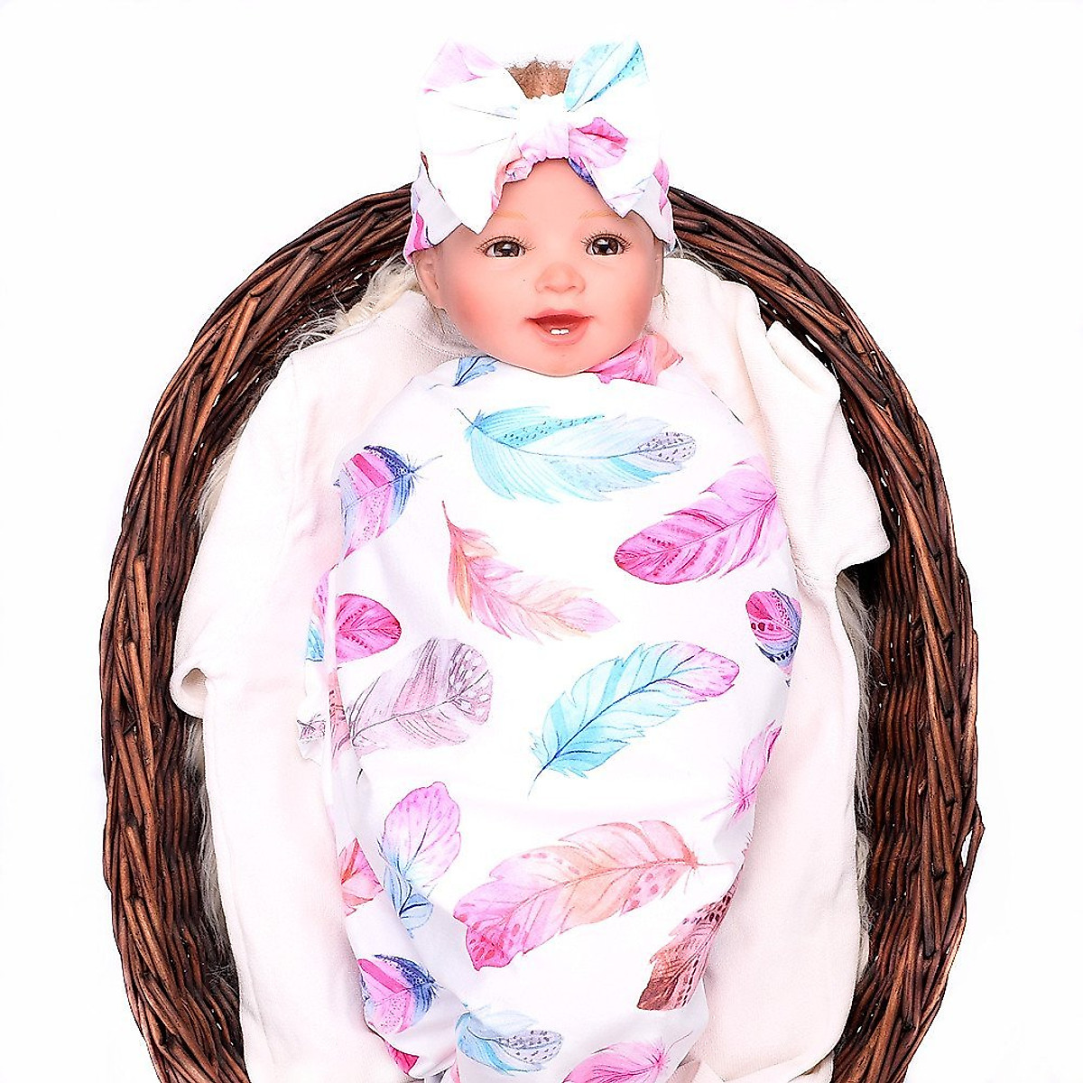 Galabloomer Baby Sleep Swaddle Blanket Large and Bow Headband Set 47 inch X 47 inch Feather