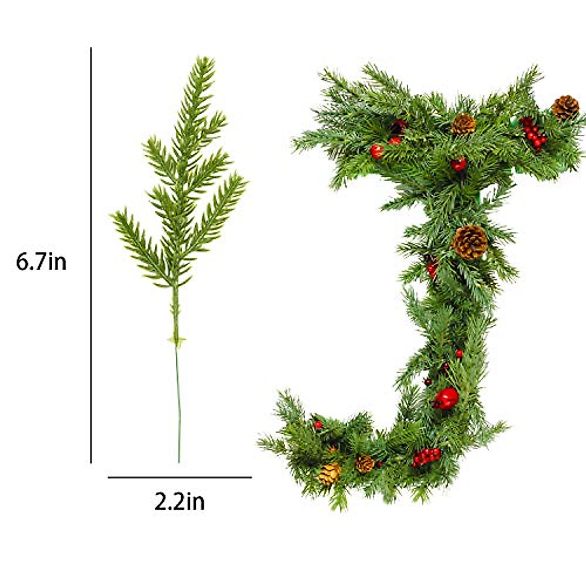 Alpurple 60 Packs Artificial Pine Needles Branches Garland-6.7x2.0 Inch Green Plants Pine Needles,Fake Greenery Pine Picks for DIY Garland Wreath Christmas Embellishing and Home Garden Decoration