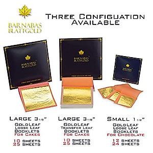 Genuine Edible Gold Leaf - 12 Sheets - Barnabas Gold - Professional Quality Gold Leaf - Loose Leaf for Cupcakes and Chocolate - 1.5 inches per Sheet - Book of 12 Sheets
