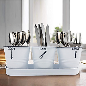 Hydrone Design Metal Utensil Holder Set with Tray, Kitchen Utensil Storage Caddy Flatware Organizer,White Farmhouse Countertop Decor