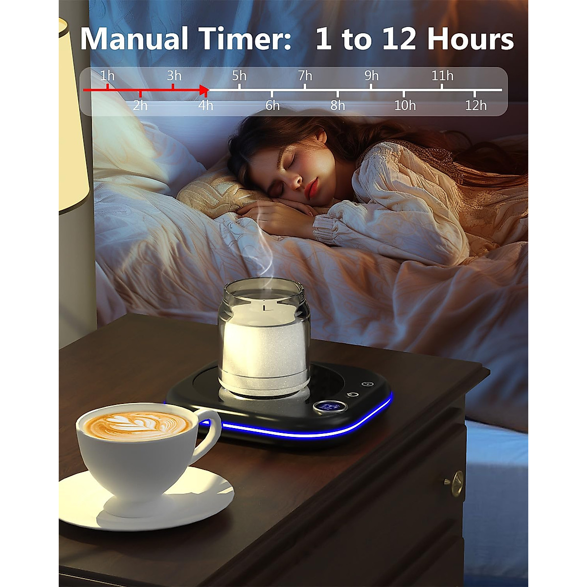 MQUPIN Coffee Warmer, Coffee Cup Warmer for Desk Auto Shut Off, Smart Candle Warmer with Temp Display & 1-12 Hours Timer- 1 Gold Coffee Spoon & 1 Black Insulating Mat Included (Black)