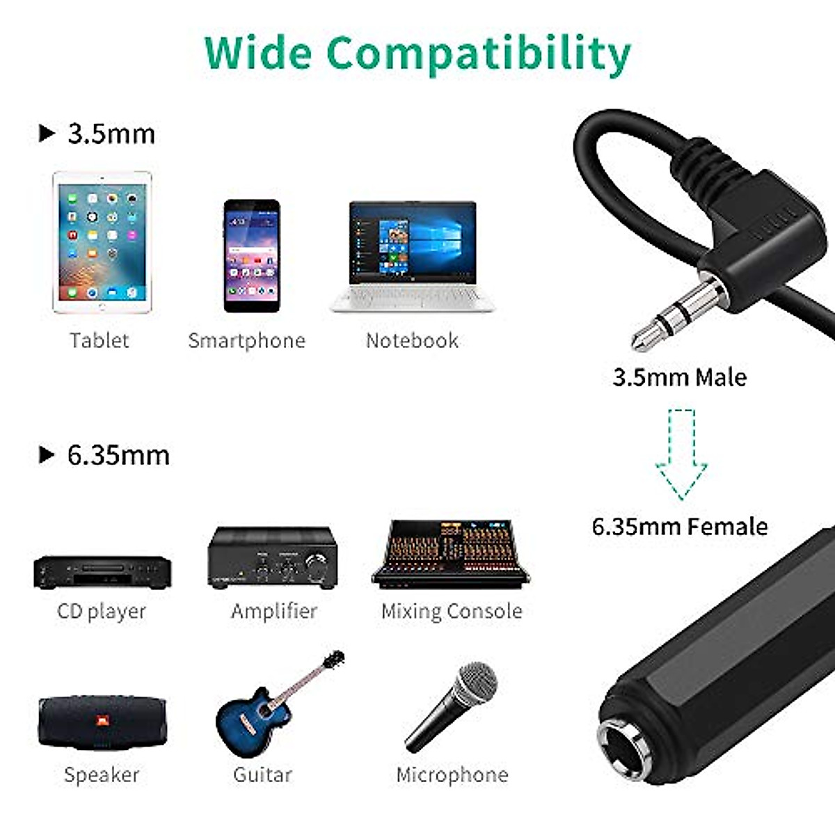 Onvian 3.5mm to 6.35mm Female 1/4" to 1/8" 90 Degree Right Angle Male Jack Stereo Cable Adapter Converter Cord 30cm