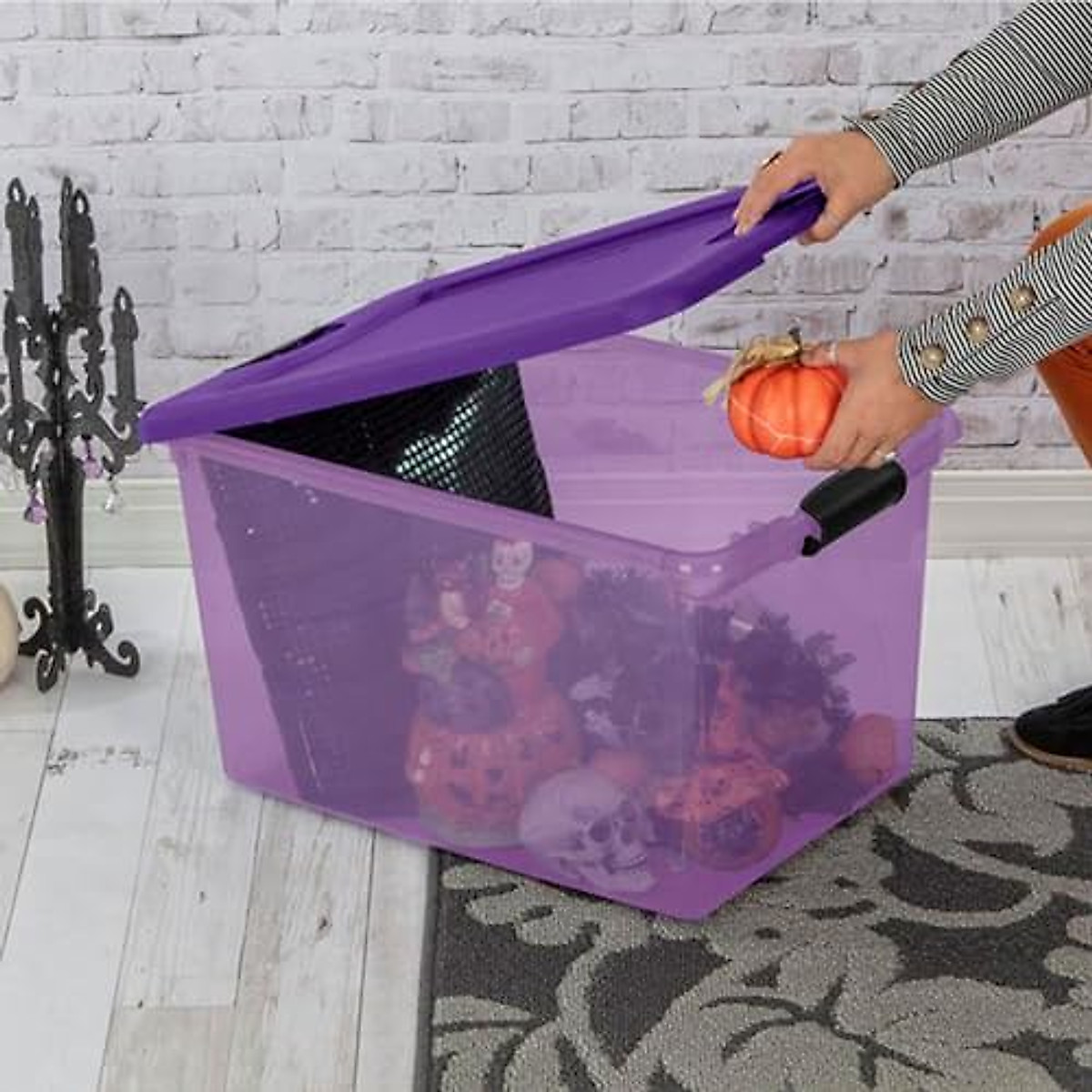 Sterilite 64 Qt Latching Storage Box, Stackable Bin with Latch Lid, Plastic Container to Organize Halloween Decor, Purple Tint with Purple Lid, 6-Pack