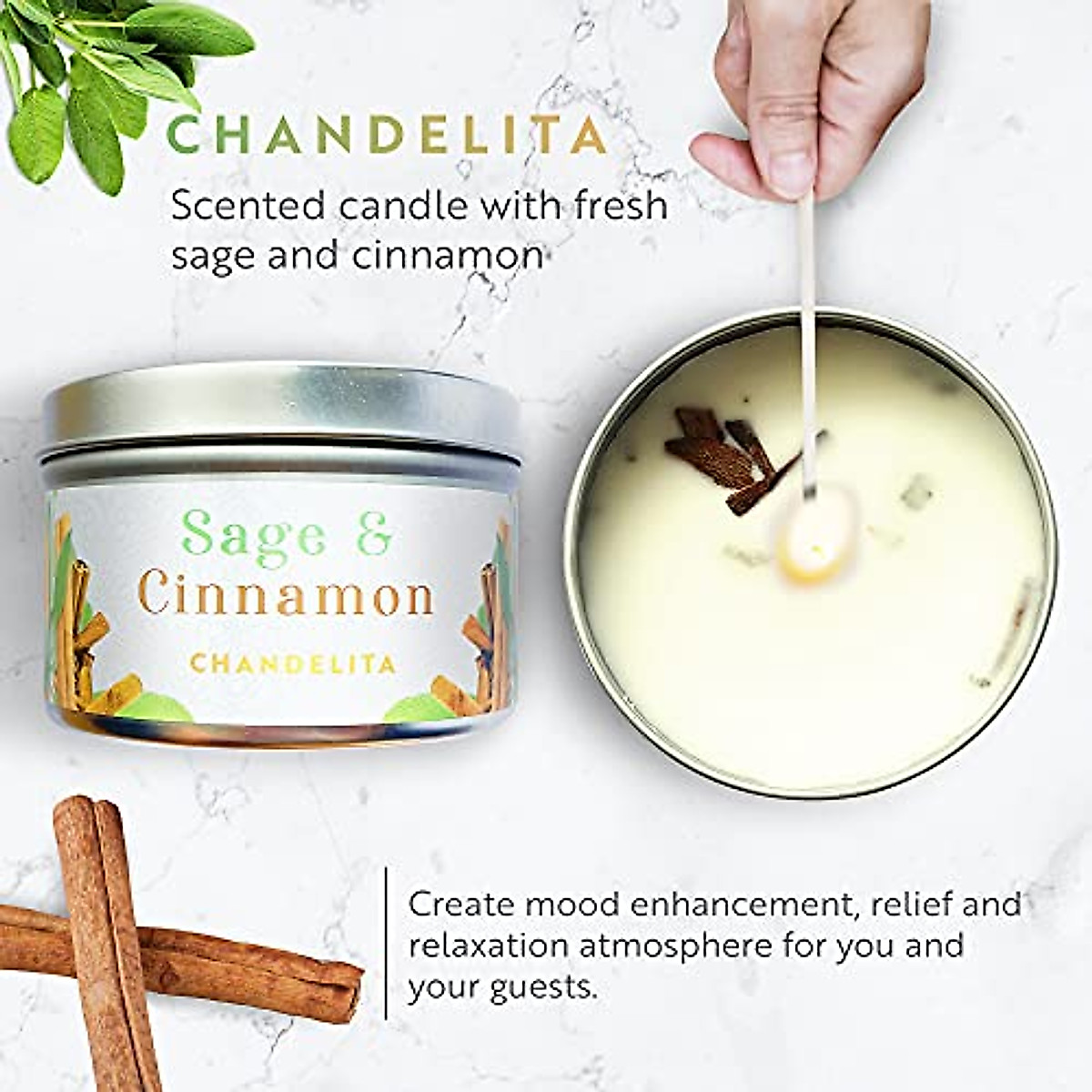 Chandelita Cinnamon Sage Candle for Cleansing House, Home Blessing and Energy with Sage Leaves and Soy Wax for Purification, Relaxation - Meditation Candle - Chakra Candles - Cinnamon Candle