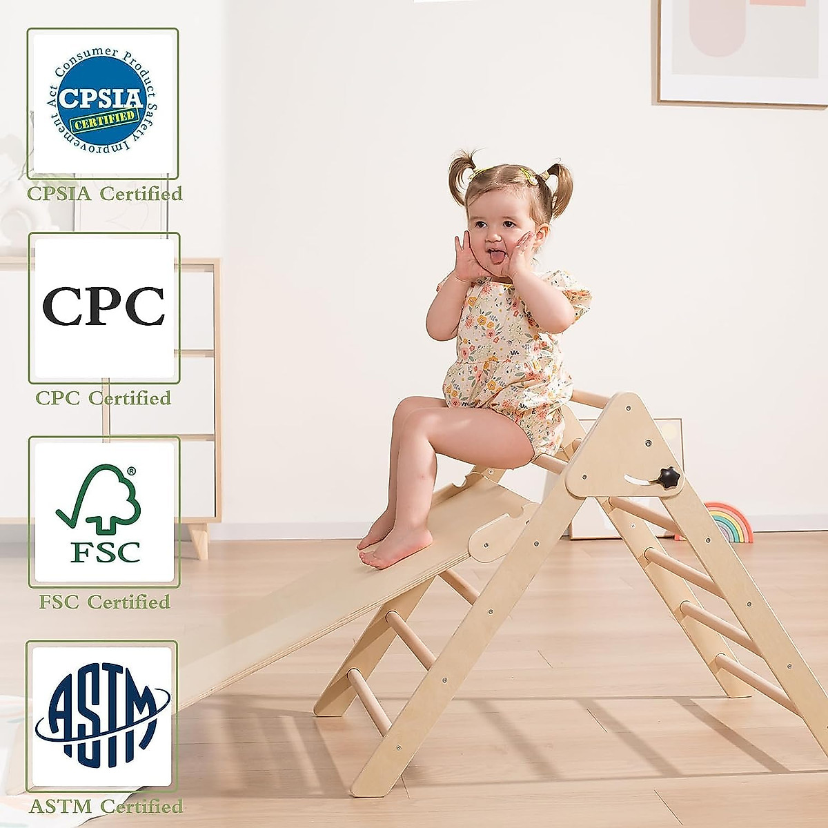 Giant bean Foldable Wooden Climbing Triangle with Sliding Ramp, 3 in 1 Pikler Triangle Climbing Toys for Toddlers, Kids Indoor Climbers & Gym Play Structures for Boys Girls