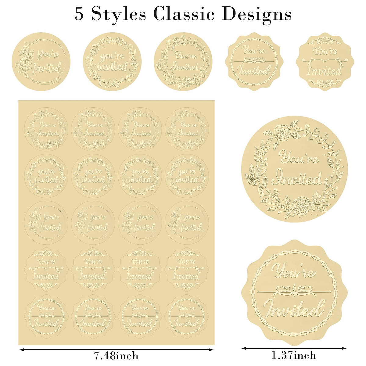 Cindeer 200 Pcs You're Invited Round Embossed Gold Foil Envelope Seals Self Adhesive Invited Foil Sticker for Wedding Invitations Envelopes Greeting Cards Present Decoration