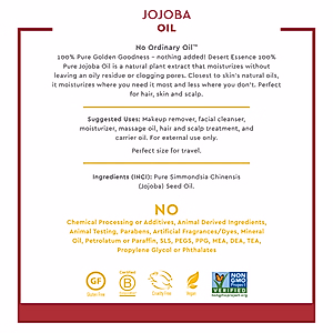 Desert Essence 100% Pure Jojoba Oil 2 fl oz - Organic Face Moisturizer, Hair & Scalp Oil - Non-GMO, Vegan, Gluten-Free - Cold-Pressed Jojoba – Safe for Sensitive Skin, Hydration & Balance