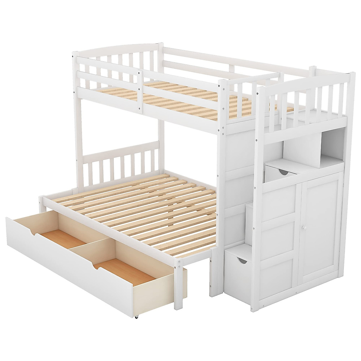 Harper & Bright Designs Twin Over Full/Twin Bunk Bed with 3 Drawers, 4 Storage and Cabinet Door, Twin-Over-Full Convertible Bottom Bed for Bedroom, Dorm, for Family, Kids, Teens, No Box Spring Needed