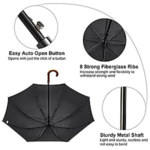 G4Free Wooden J Handle Umbrella 54 Inch Large Auto Open Classic Windproof Rain Stick Umbrellas for Men Women (Black)