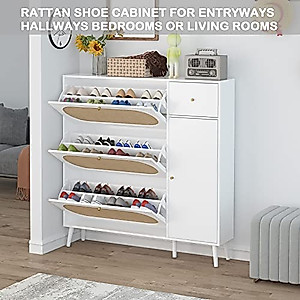 Mcltopz Rattan Shoe Cabinet with 3 Flip Drawers&1 Small Drawer&1 Door, Modern Free-Standing Shoe Rack Narrow Shoe Storage Cabinet Wooden Shoe Rack Storage Cabinet for Entryway Hallway Doorway (White)