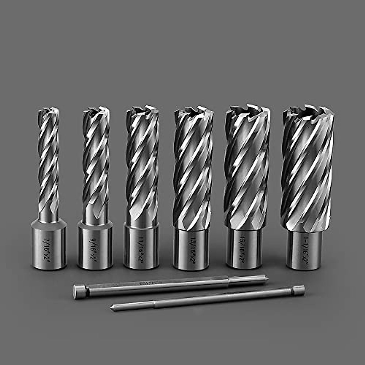 Annular Cutters Set 6pcs JESTUOUS 3/4 Inch Weldon Shank 2 Cutting Depth 7/16 to 1-1/16 Cutting Diameter HSS Slugger Bits for Magnetic Drill Press with 2 Pilot Pins