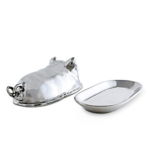 Arthur Court Happy Pig Covered Butter Cream Cheese Dish Container Keeper Hand Polished Tarnish Free Artisan Quality Farmhouse Table 7.5 inch Long