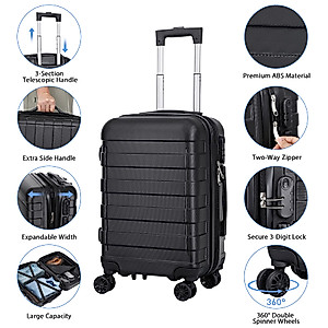 SUPER DEAL 21 Inch Carry On Luggage Hardside Expandable Luggage with Spinner Wheels, Height Adjustable Handle and Side Feet Lightweight Waterproof Suitcase for Business Trips and Travel, Black