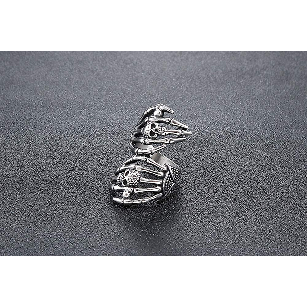 HIJONES Unisex Stainless Steel Gothic Punk Double Skull Skeleton Claws Ring Silver Size 8