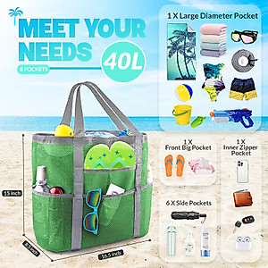 EASYFUN Beach Bag Large Mesh Beach Bag Lightweight Beach Tote with 9 Pockets Foldable Vacation Trip Essentials