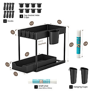 Under Sink Organizers and Storage, 2 Pack Under Cabinet Organizer with 1 Shelf Liner, 8 Hooks, 2 Hanging Cups, Multi-Purpose Slide-Out Storage Baskets Shelf for Bathroom Kitchen Living Room