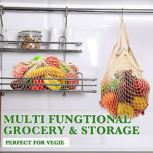 Woanger 24 Pcs Reusable Cotton Mesh Produce Shopping Bags Washable Grocery Bag Net Portable Fruit and Vegetable Bag Cotton String Bags Long Handle Net Tote Organizer (Short Handle)