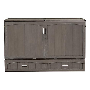 Yuxuanhang Queen Size Solid Wood Murphy Bed with Charging Station and Large Storage Drawer, Space-Saving Design for Small Spaces Guest Room Lounge or Office, Antique Grey