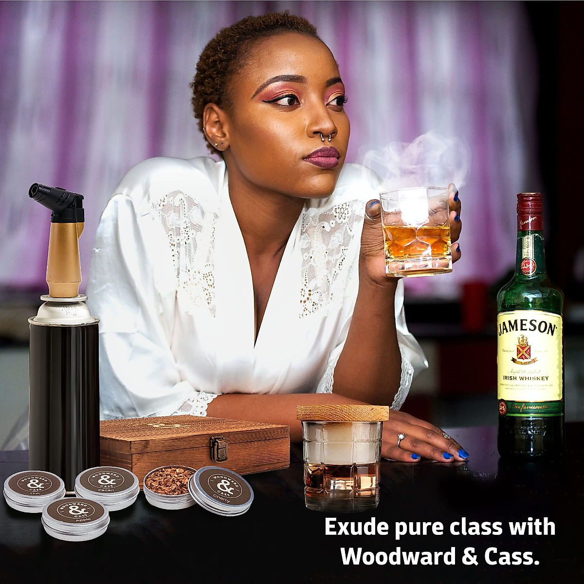 Woodward & Cass Whiskey Smoker Kit with Torch - 8 Piece Set - Drink Smoker Infuser Kit with Wood Box, Torch, Smoker, 4 Wood Chip Flavors, and Recipe Booklet - Bourbon Smoker Kit for Drinks