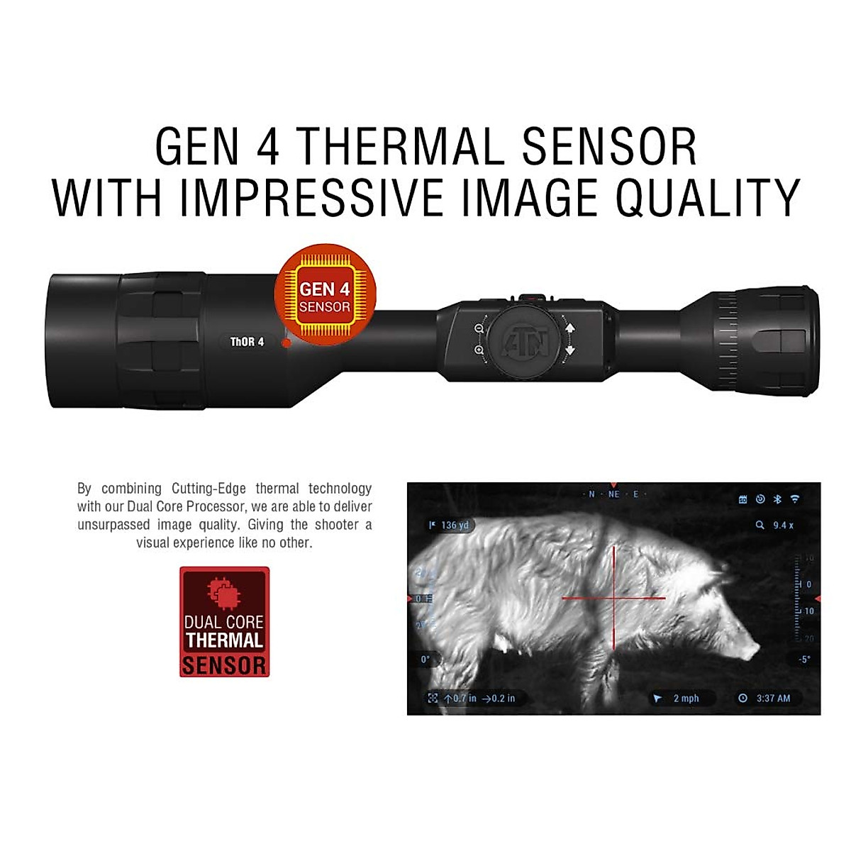 ATN Thor 4, Thermal Rifle Scope with Full HD Video rec, WiFi, GPS, Smooth zoom and Smartphone controlling thru iOS or Android Apps