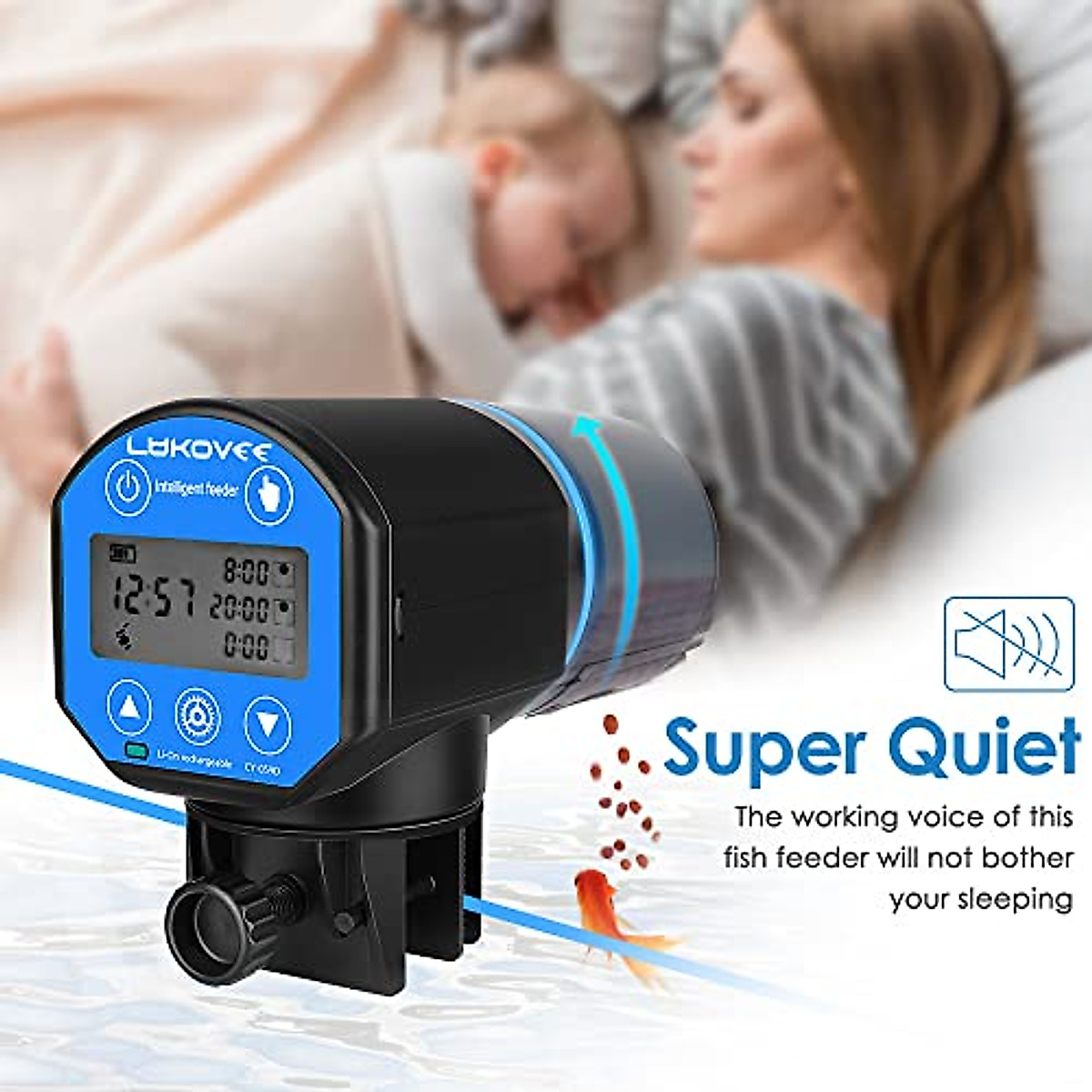 Lukovee Automatic Fish Feeder,New Generation Feeding Time Display USB Rechargeable Timer Moisture-Proof Aquarium or Fish Tank Food Dispenser with 200ML Large Capacity for Vacation Weekend Holiday,Blue