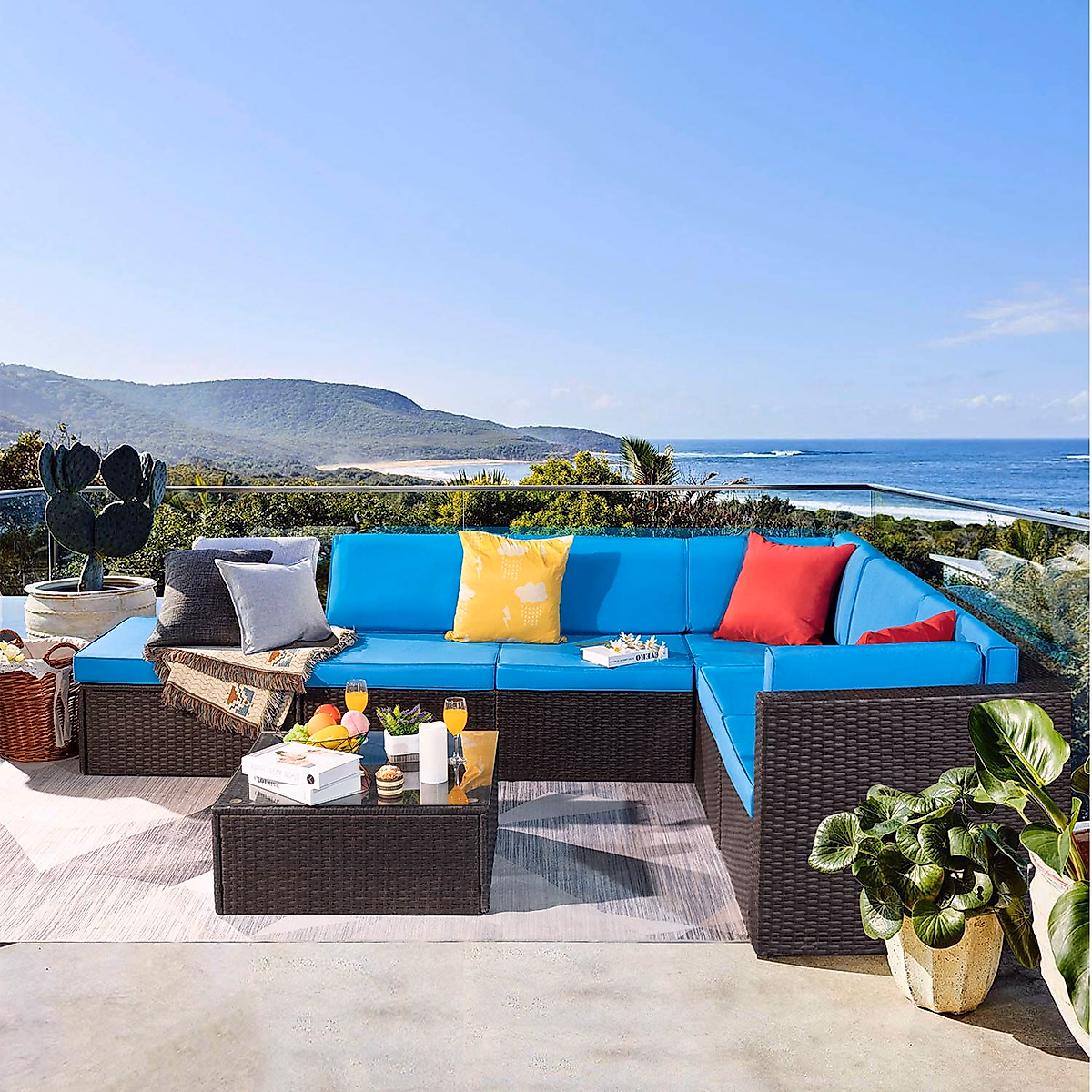 Furniwell 7 Pieces Patio Furniture Sectional Set Outdoor Wicker Rattan Sofa Set Backyard Couch Conversation Sets with Pillow, Cushions and Glass Table (Blue)