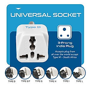 Ceptics India Travel Plug Adapter (Type D) for Pakistan, Nepal, Bangladesh - 3 Pack [Grounded & Universal] (GP-10-3PK)