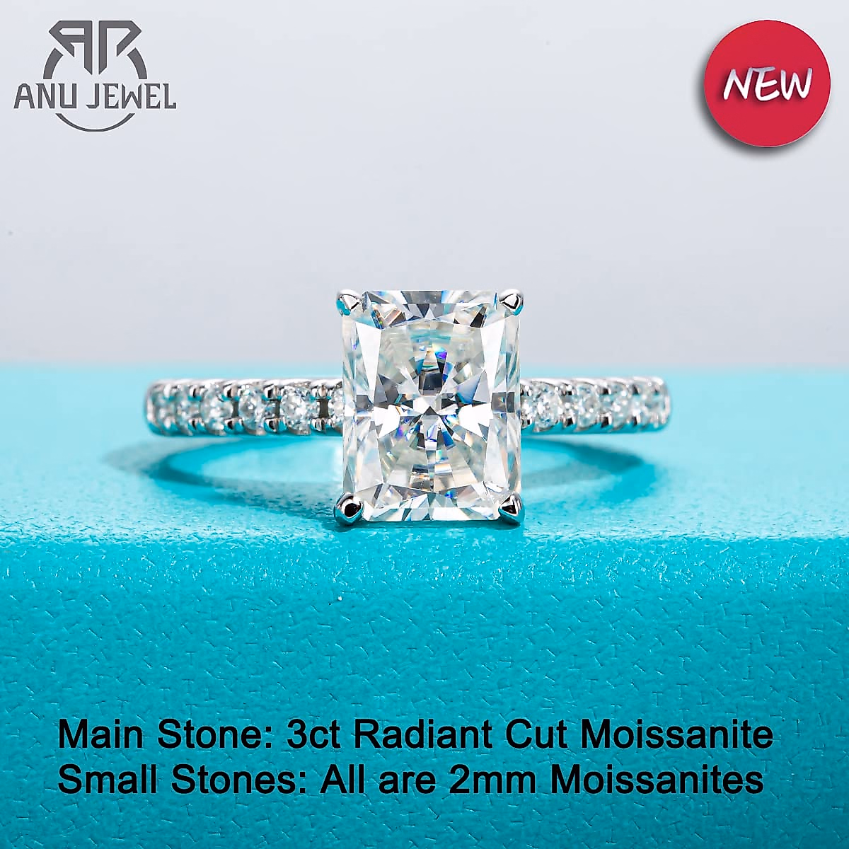 AnuClub Moissanite Engagement Ring 3.3cttw D Color Lab Created Diamond Radiant Cut 18K White Gold Plated Sterling Silver Eternity Wedding Promise Anniversary Band Ring, Christmas Gift for Women 8