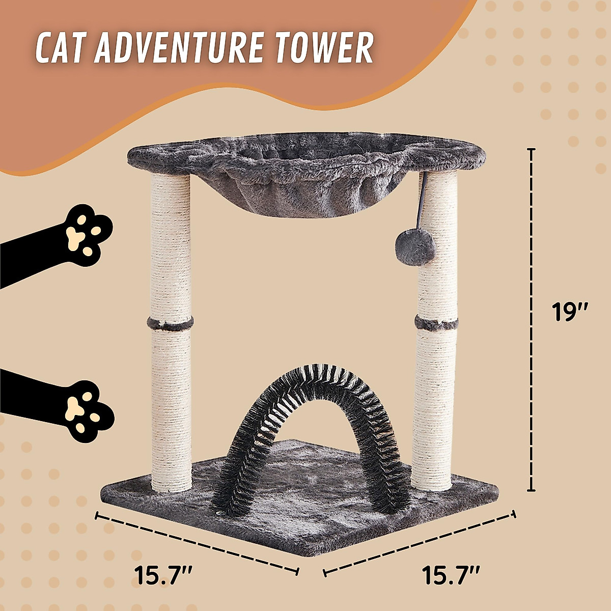 POLIPETS 19” Tall Cat Tower with Hammock,Sisal Scratching Posts and Pets Self Groomer Massager, Soft Hanging Basket Perch Hammock,Indoors Cat Furniture 16x15”, Gray