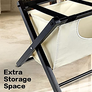 Babion Folding Luggage Racks with Shelf, Wooden Suitcase Stand, 2 Tier Foldable Luggage Racks with Heavy Duty Nylon Belts, Suitcase Bag Holder for Bedroom Guest Room, 4 Pack