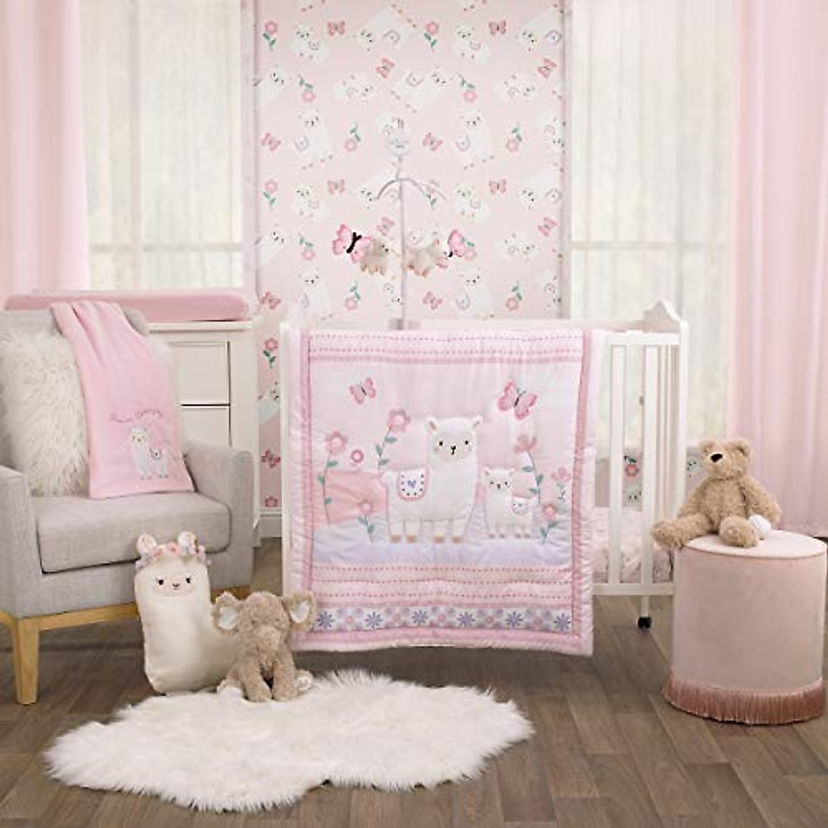 Little Love by NoJo Sweet Llama and Butterflies Floral Pink and Purple 3 Piece Mini Crib Bedding Set - Comforter and 2 Mini Crib Sheets