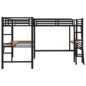MERITLINE Metal Twin Size L-Shaped Loft Bed, Twin Size Loft Bed Frame with Two Built-in Desks Underneath for Kids Boys Teens, Black