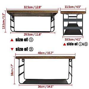2 Tier Wall Mounted Shelf Set of 2, Wall Floating Shelves with Black Metal for Bedroom, Living Room, Bathroom, Laundry Room, Kitchen, 2 Different Sizes