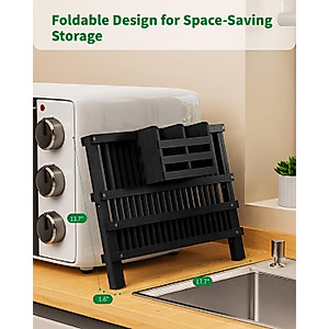 VOPOG Dish Drying Rack, 2 Tier Bamboo Dish Drying Rack with Utensil Holder, Collapsible Dish Rack Foldable Plate Organizer Holder Dish Drainer Set for Kitchen Countertop-Black