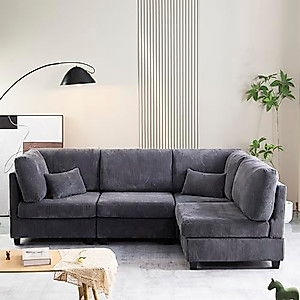 Oversized Deep Seat Modular Sectional Sofa Cloud Couch with Movable Ottoman, Modern Corduroy Upholstered Convertible L Shaped Corner Sofa&Couches with Wooden Legs for Living Room, Apartment, Office