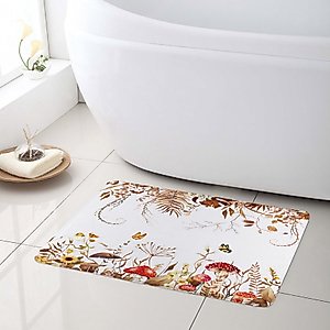 LB Fall Tan Leaf Bath Mat Red Mushroom Yellow Floral Brown Plant Area Rug for Bathroom Butterfly in Flower White Doormat Non Slip Memory Foam Super Absorbent Floor Mats,24x16 Inch