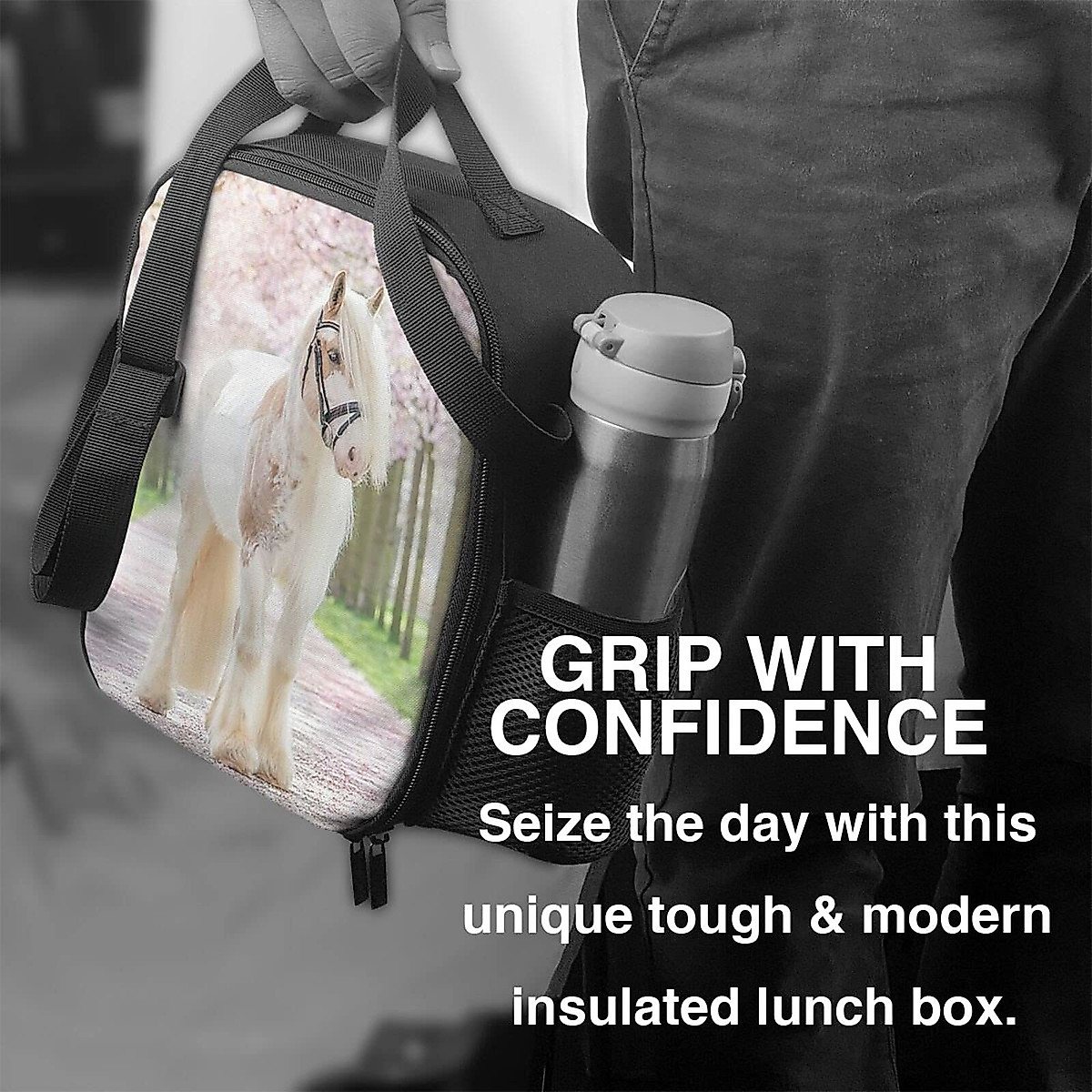 PrelerDIY White Horse Lunch Box - Insulated Lunch Box for Kids with Side Pocket & Shoulder Strap Lunch Bag, Perfect for School/Camping/Hiking/Picnic/Beach/Travel